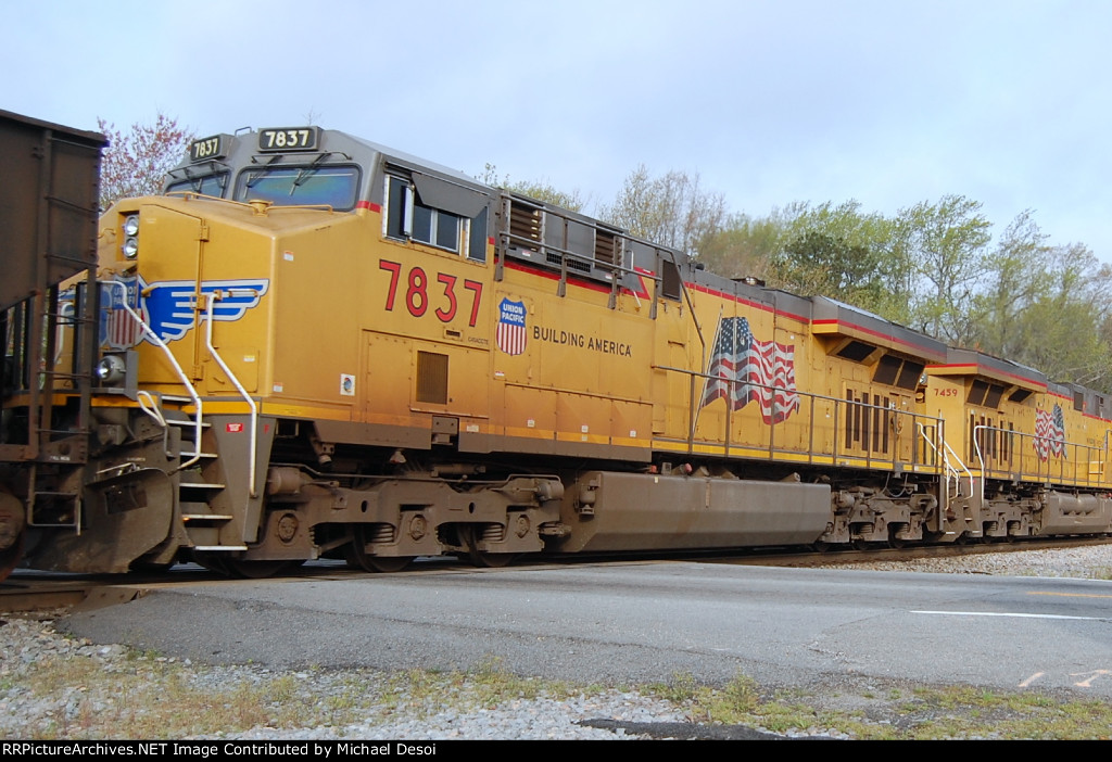 UP C45ACCTE #7837 is the 2nd unit on a westbound crossing Walters Hwy.